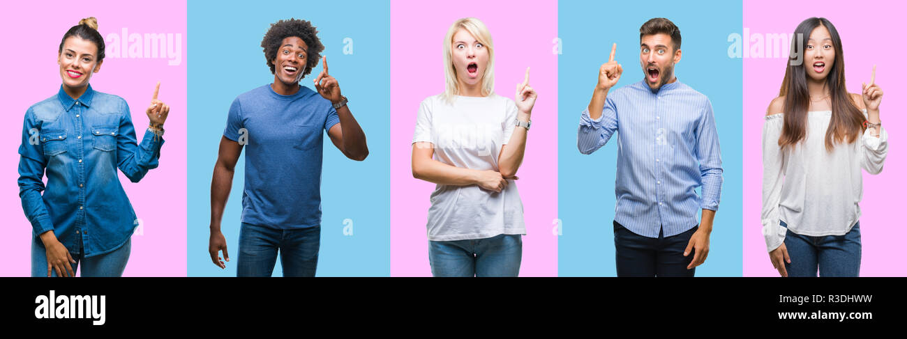 Collage of group of young casual people over colorful isolated ...