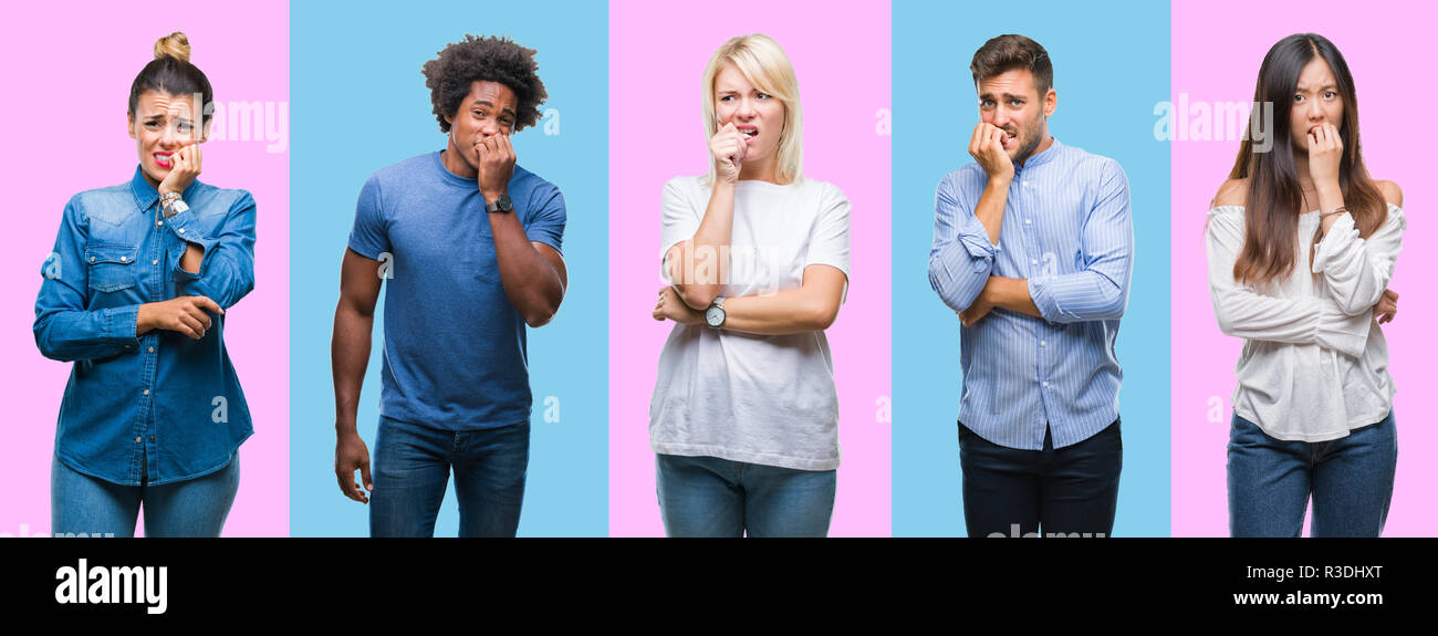 Collage of group of young casual people over colorful isolated ...