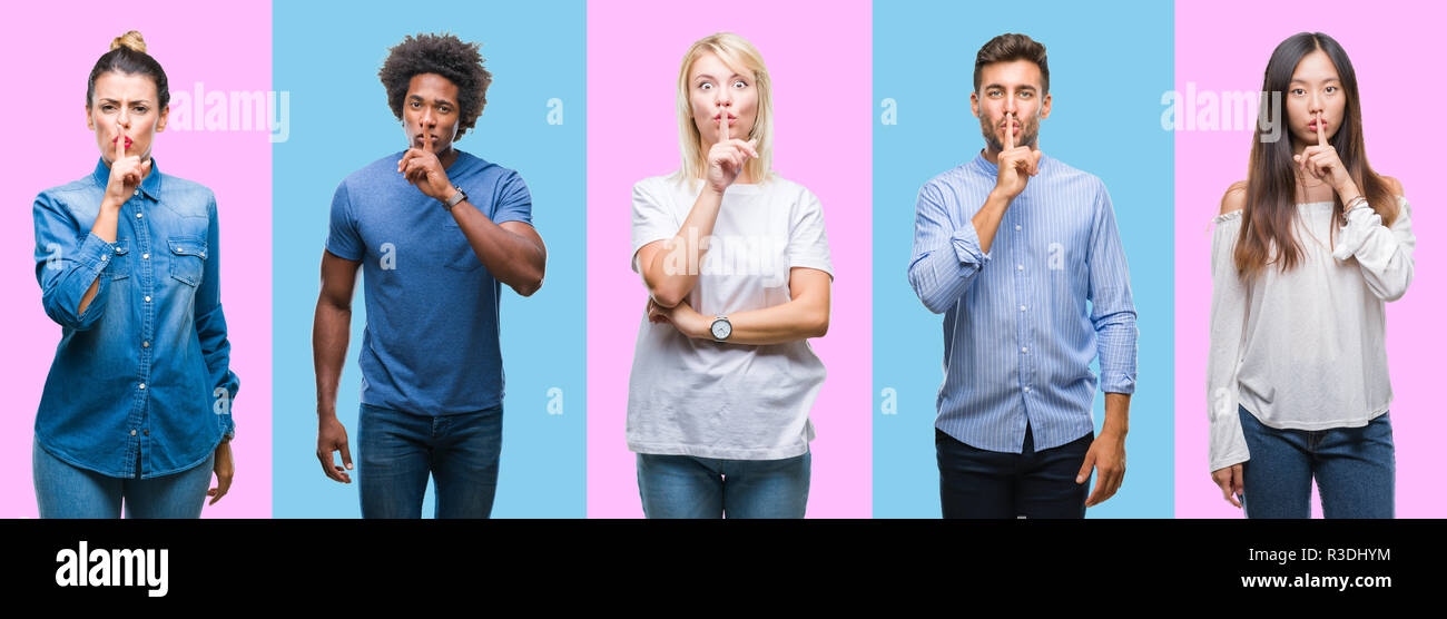 Collage of group of young casual people over colorful isolated ...