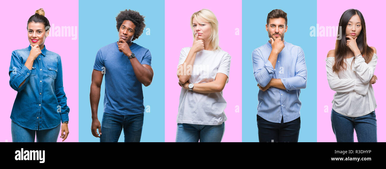 Collage of group of young casual people over colorful isolated ...