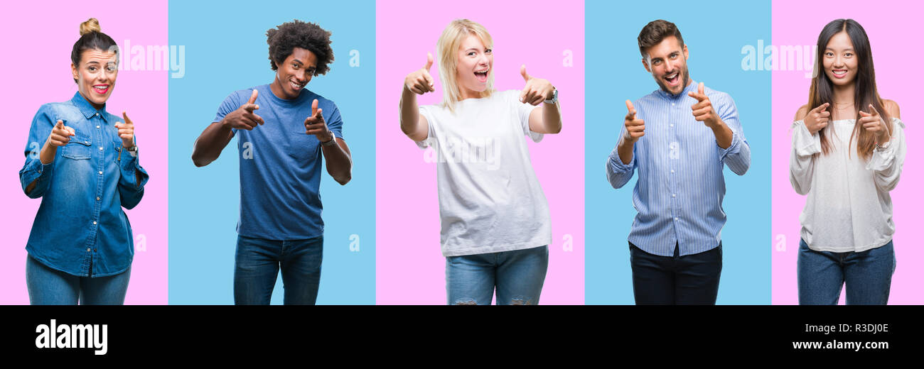 Collage of group of young casual people over colorful isolated ...