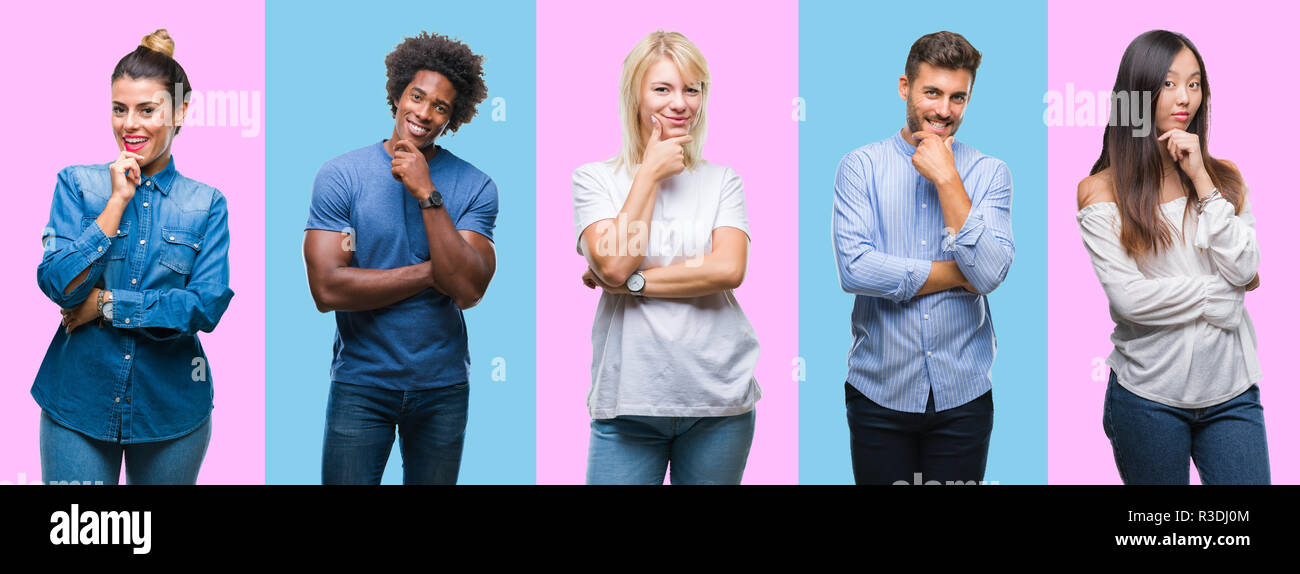 Collage of group of young casual people over colorful isolated ...
