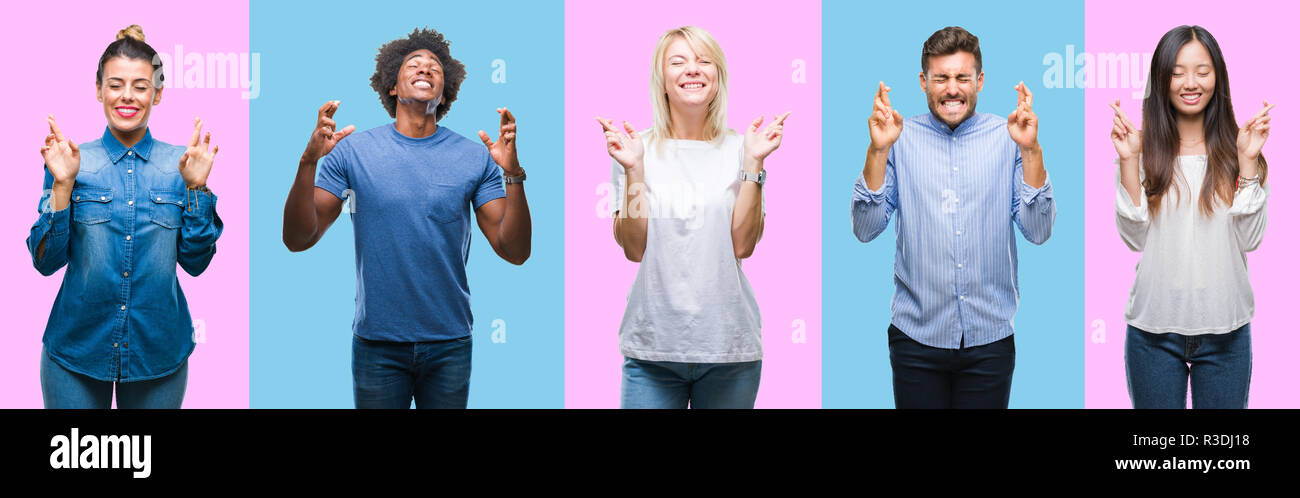 Collage of group of young casual people over colorful isolated ...