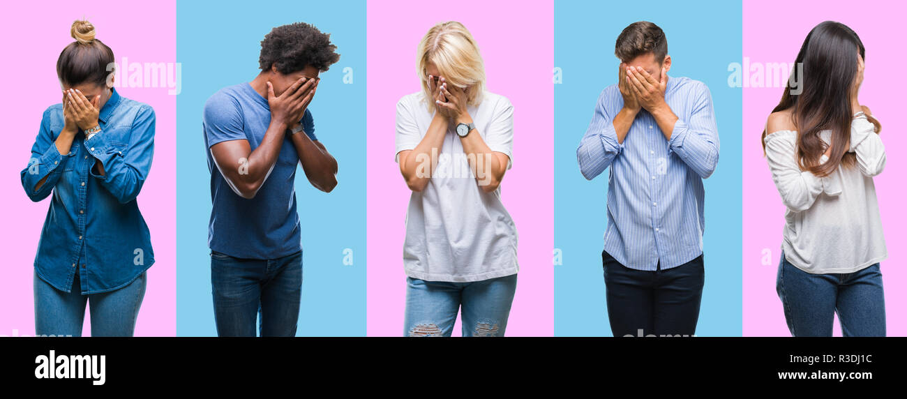 Collage of group of young casual people over colorful isolated ...