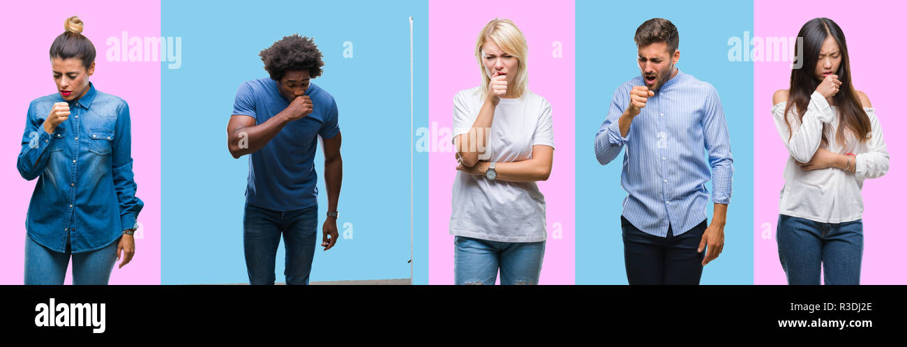 Collage of group of young casual people over colorful isolated ...