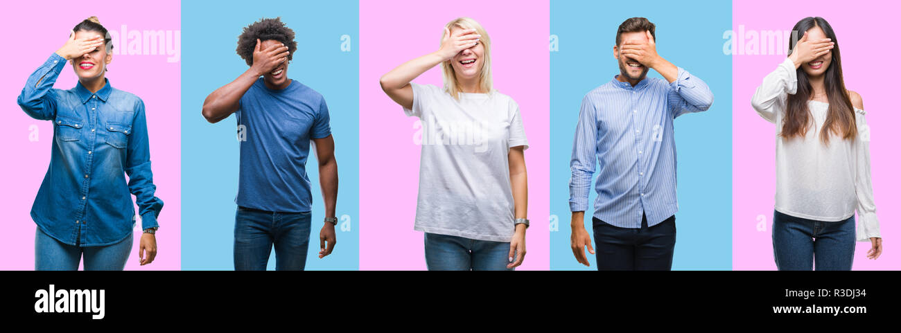 Collage of group of young casual people over colorful isolated ...