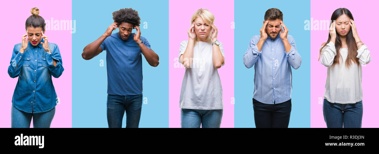 Collage of group of young casual people over colorful isolated ...