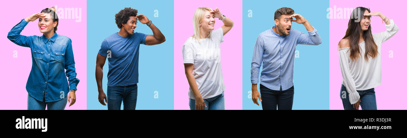 Collage of group of young casual people over colorful isolated ...