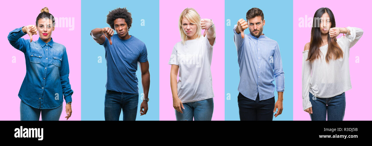 Collage of group of young casual people over colorful isolated ...