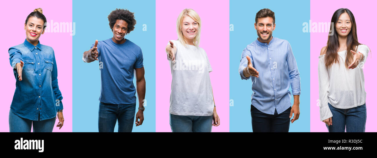 Collage of group of young casual people over colorful isolated ...