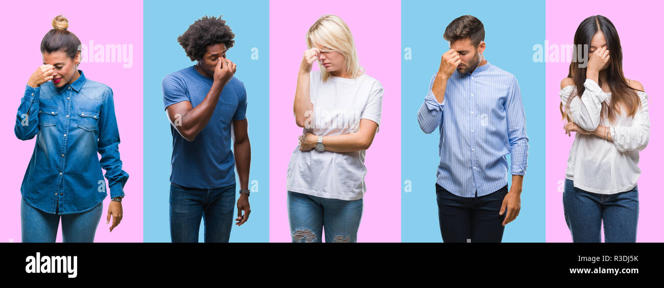 Collage of group of young casual people over colorful isolated ...