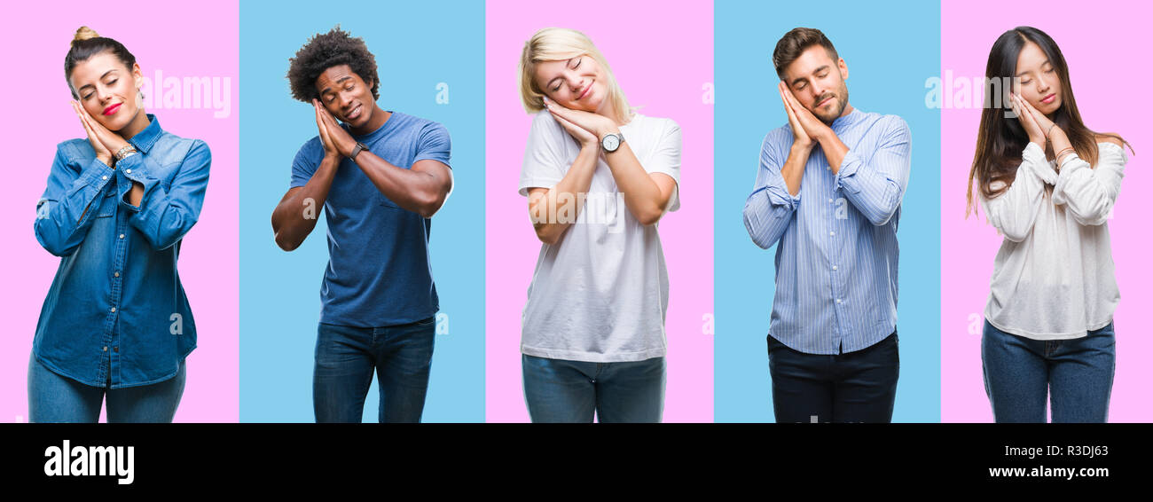 Collage of group of young casual people over colorful isolated ...