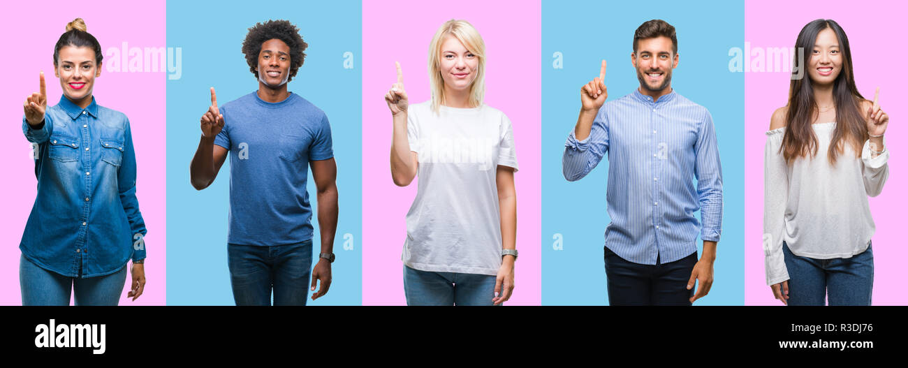 Collage of group of young casual people over colorful isolated ...