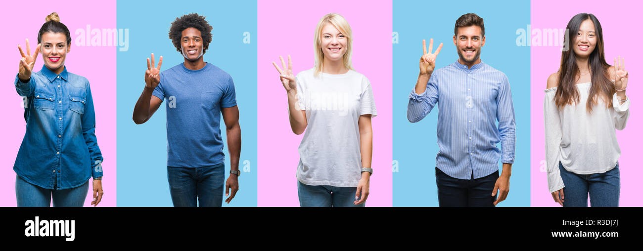 Collage of group of young casual people over colorful isolated ...
