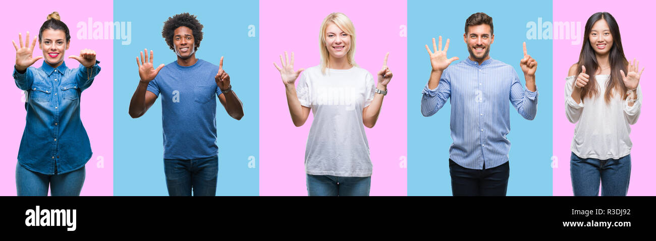 Collage of group of young casual people over colorful isolated ...