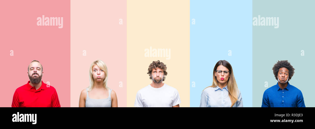 Collage of group of young people over colorful vintage isolated ...