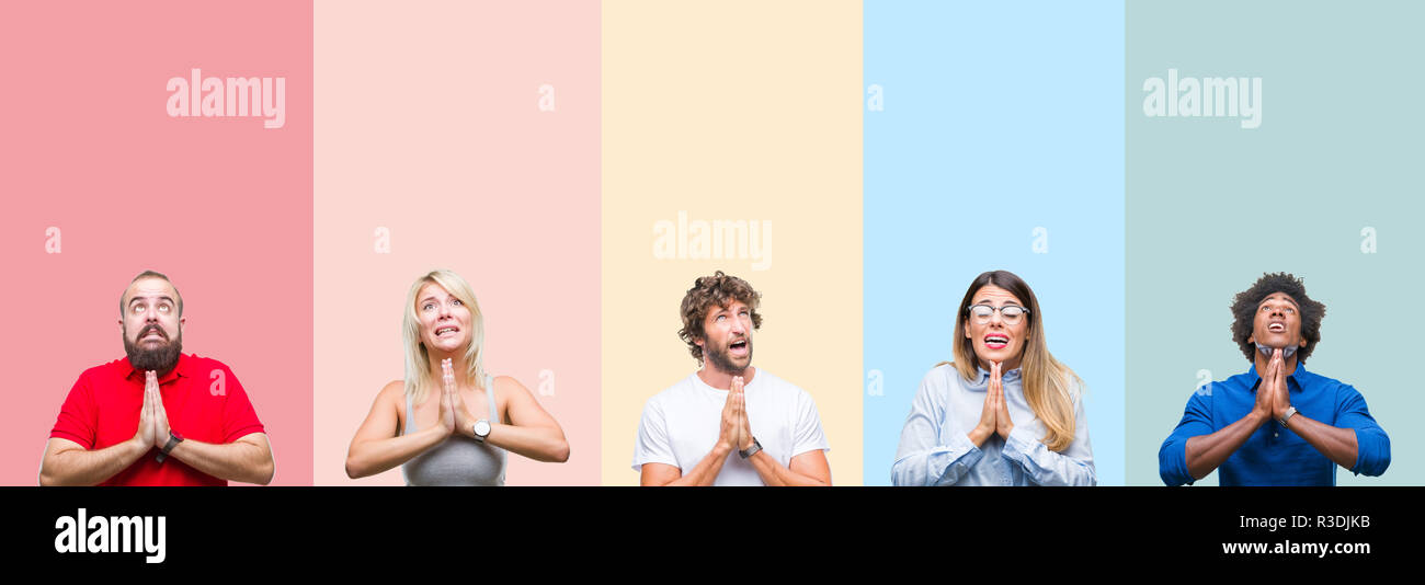 Collage of group of young people over colorful vintage isolated ...