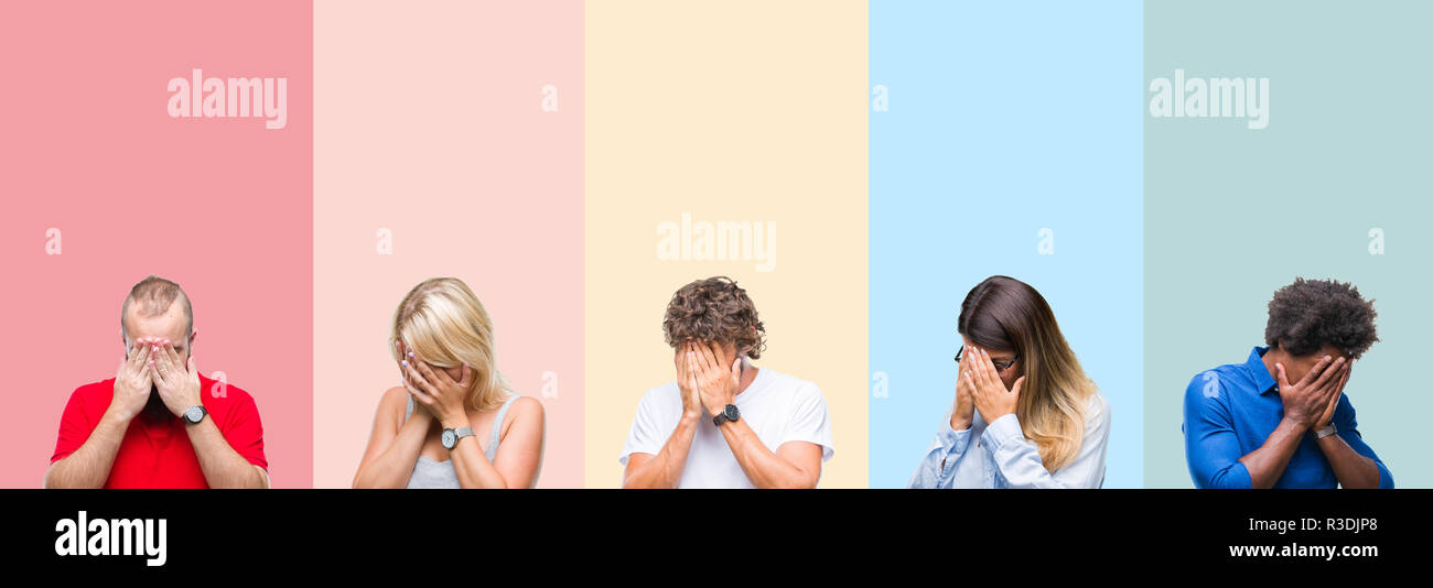 Collage of group of young people over colorful vintage isolated ...