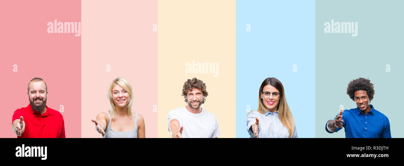 Collage of group of young people over colorful vintage isolated ...