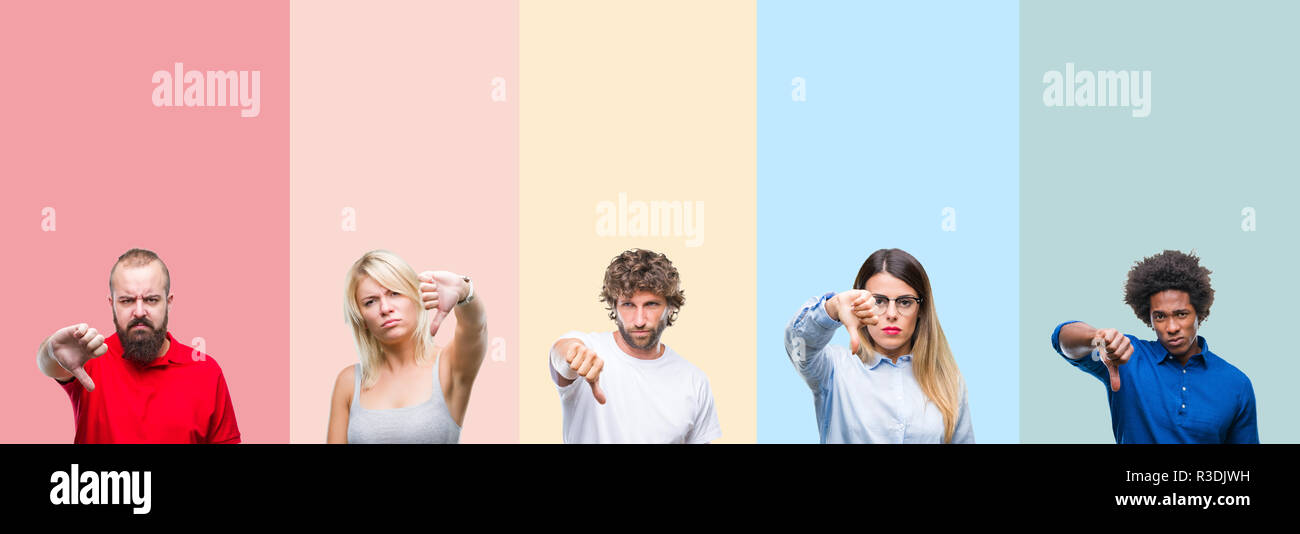 Collage of group of young people over colorful vintage isolated ...