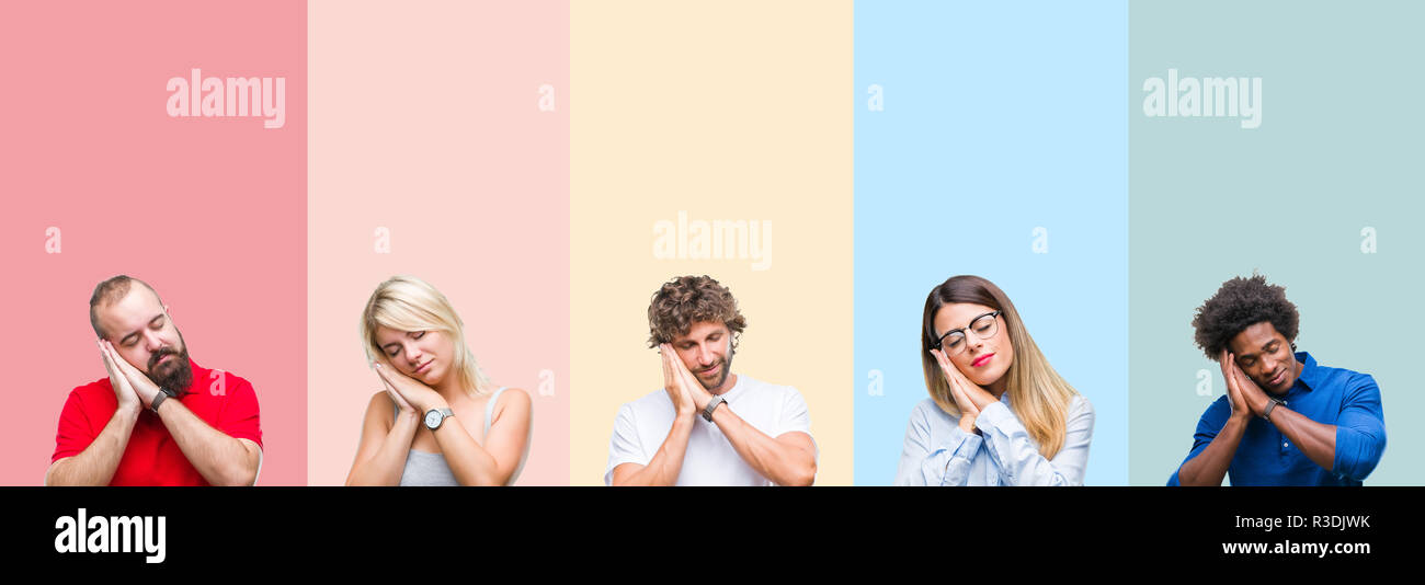 Collage of group of young people over colorful vintage isolated ...
