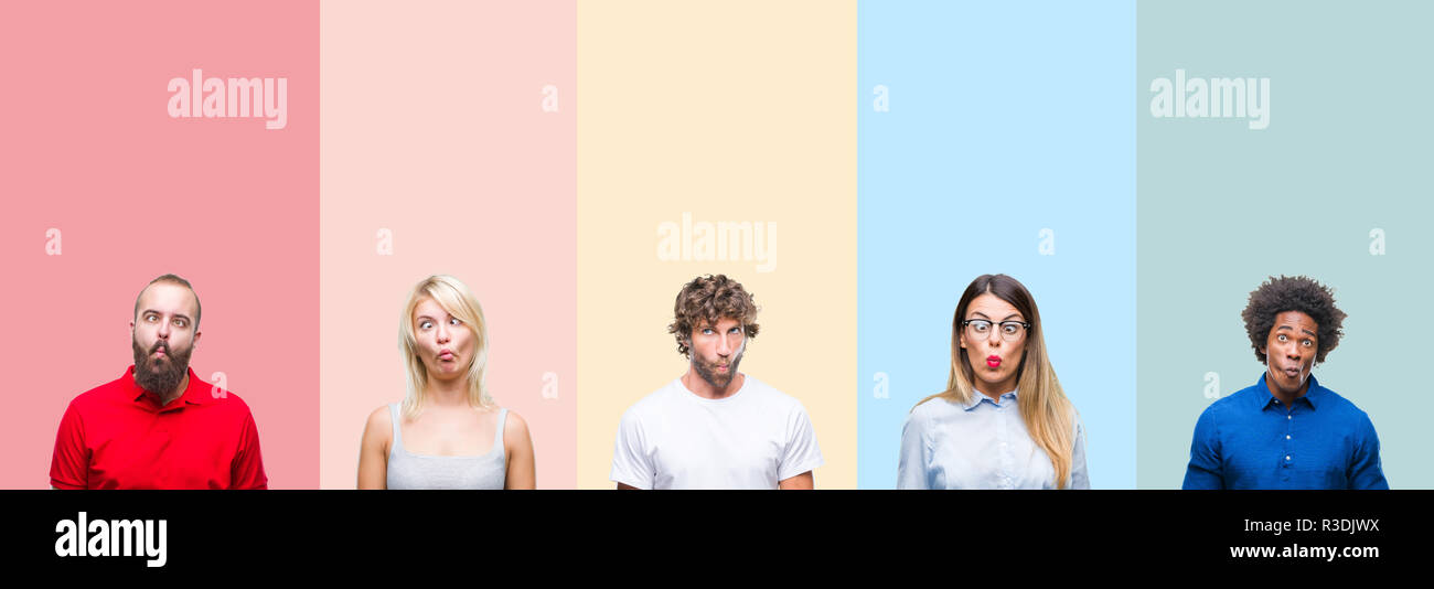 Collage of group of young people over colorful vintage isolated ...