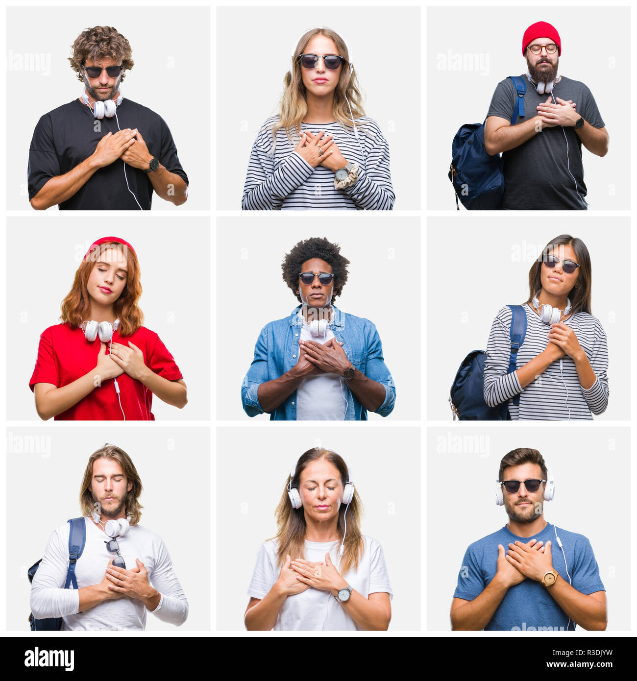 Collage of group of people wearing backpack and headphones over ...