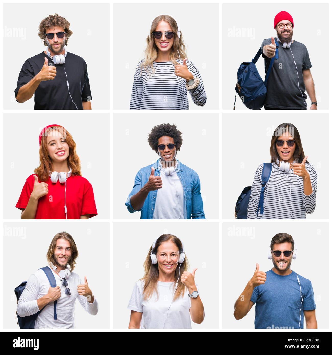 Collage of group of people wearing backpack and headphones over ...