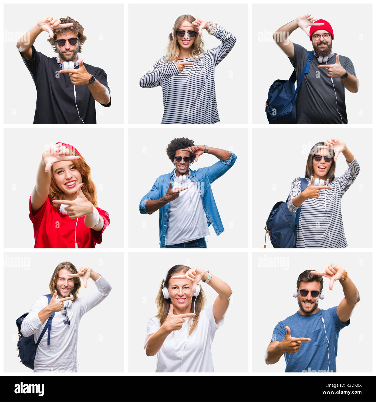 Collage of group of people wearing backpack and headphones over ...