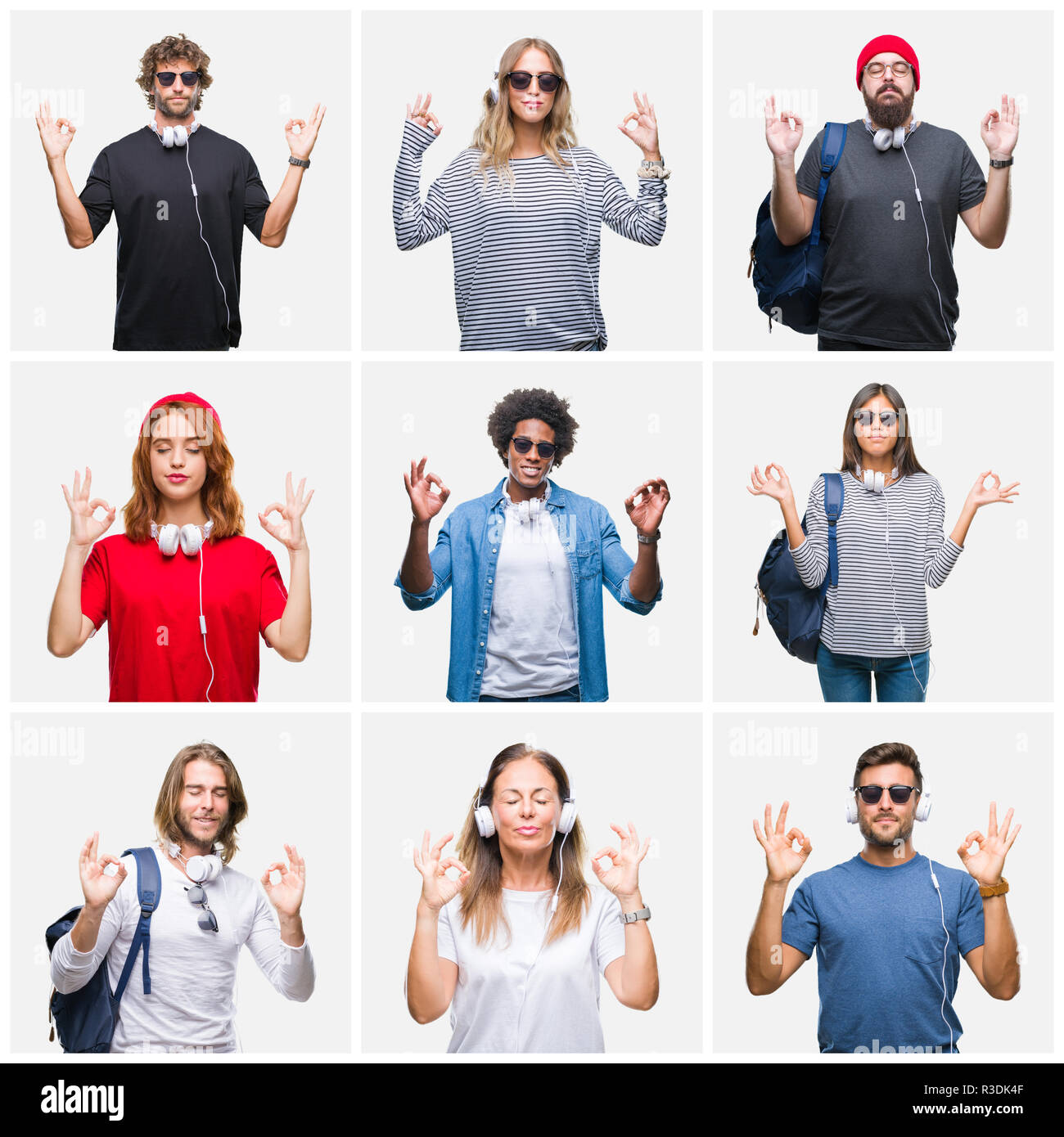 Collage of group of people wearing backpack and headphones over ...