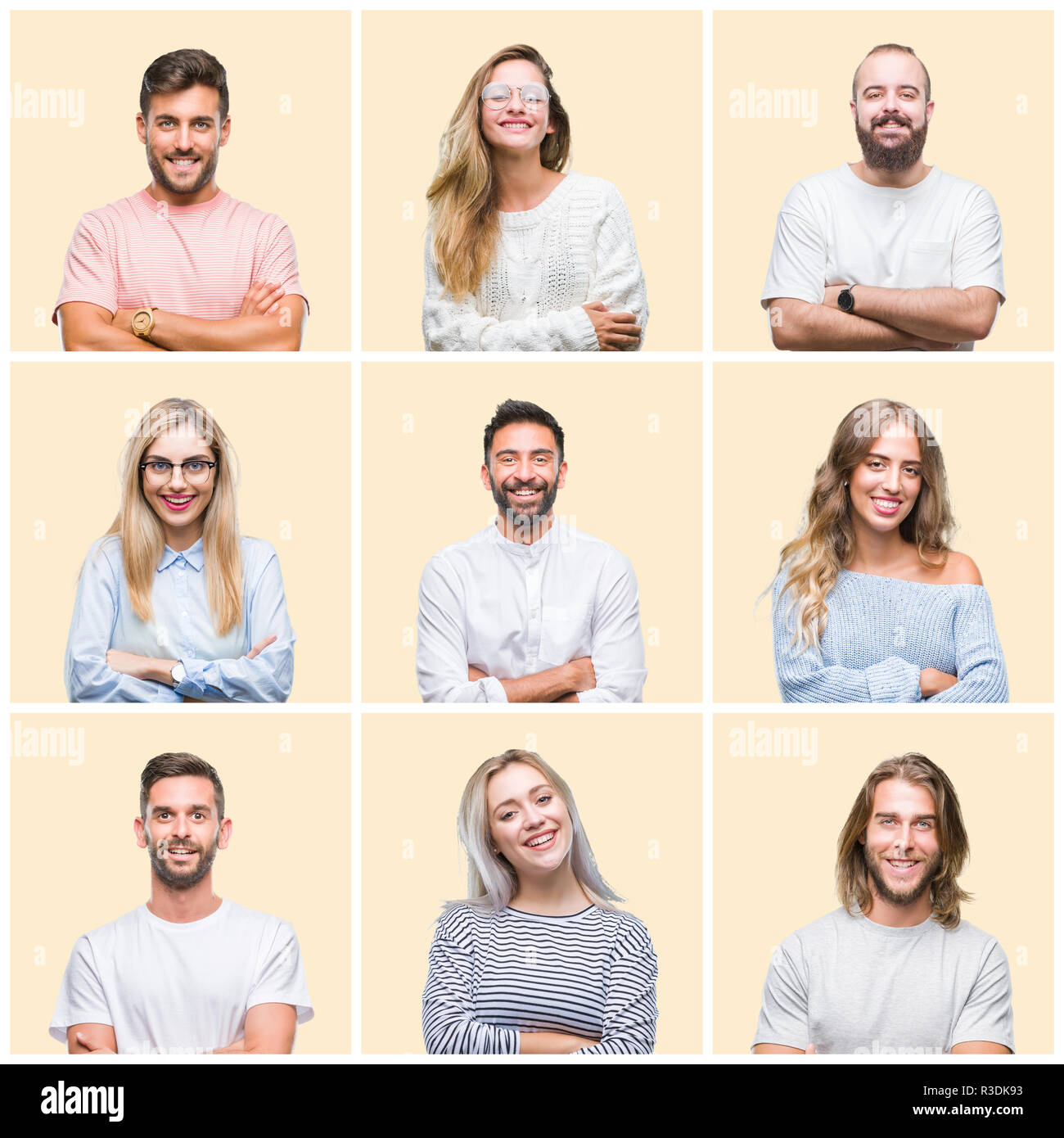 Collage of group people, women and men over colorful yellow isolated ...