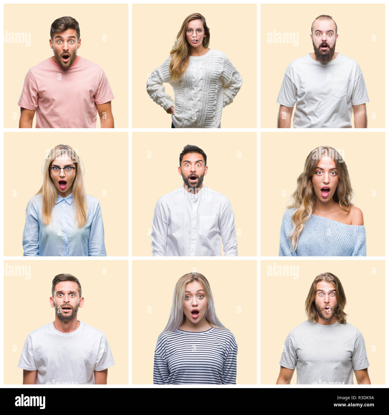 Collage of group people, women and men over colorful yellow isolated ...