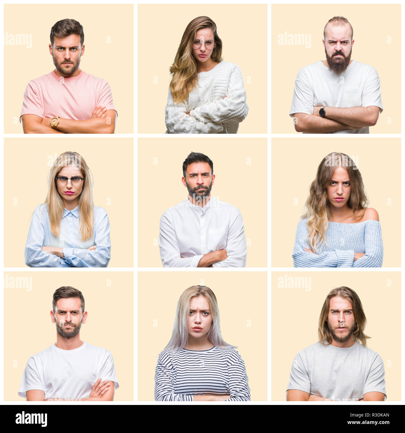 Collage of group people, women and men over colorful yellow isolated ...