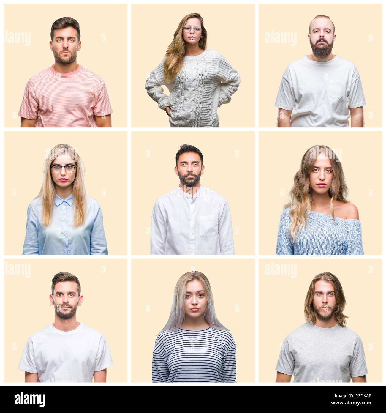 Collage of group people, women and men over colorful yellow isolated ...
