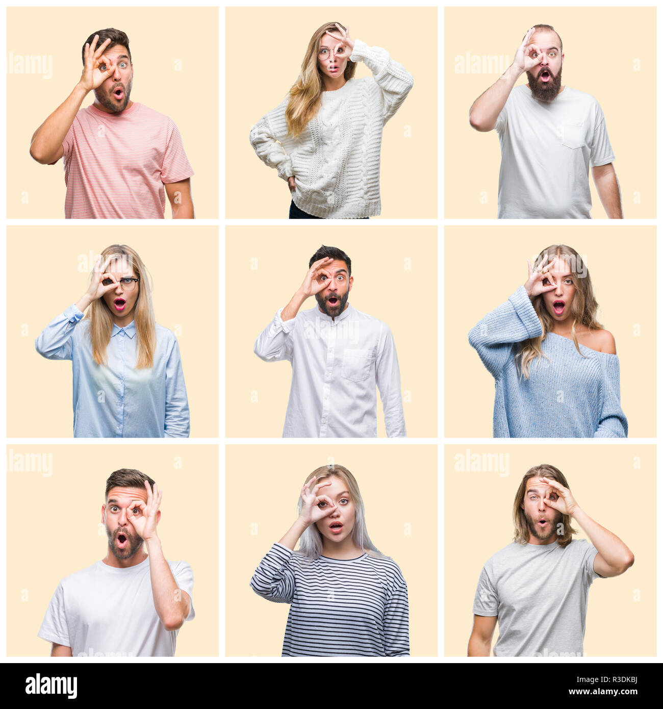 Collage of group people, women and men over colorful yellow isolated ...