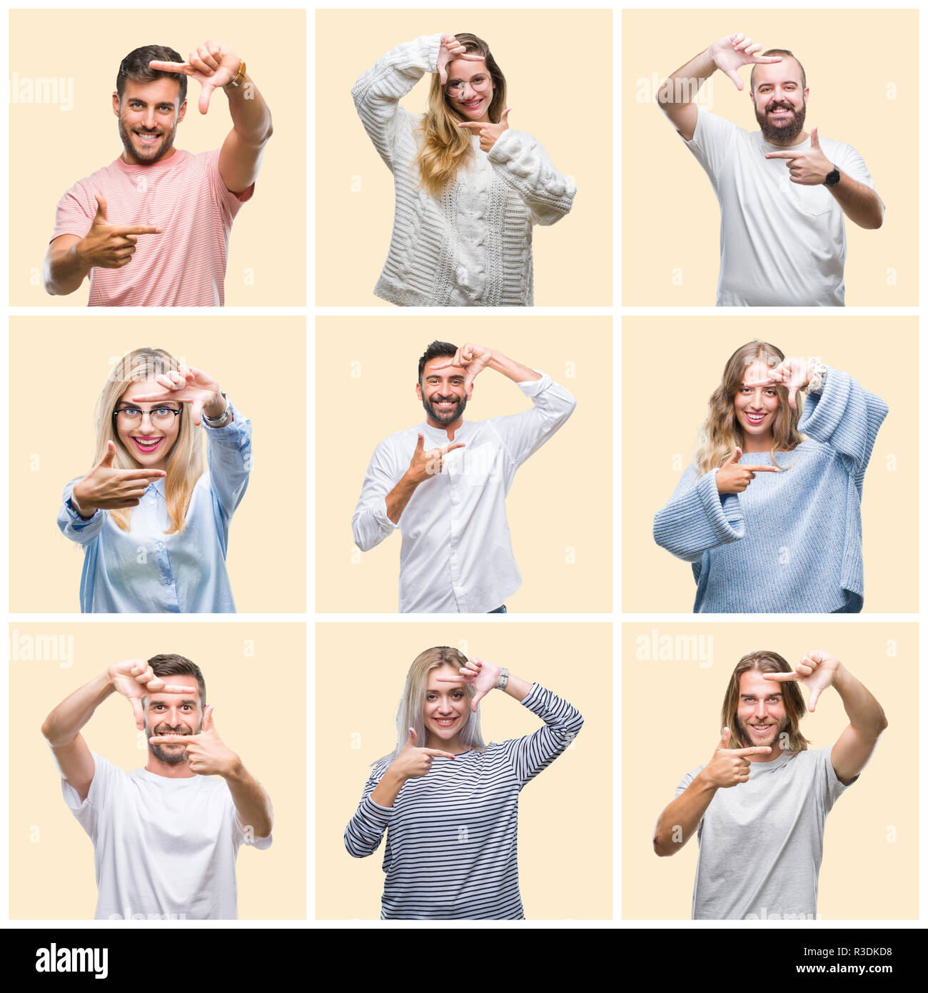 Collage of group people, women and men over colorful yellow isolated ...