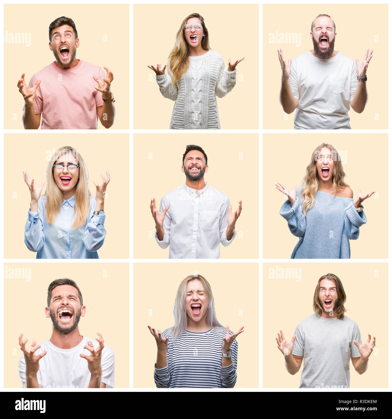 Collage of group people, women and men over colorful yellow isolated ...