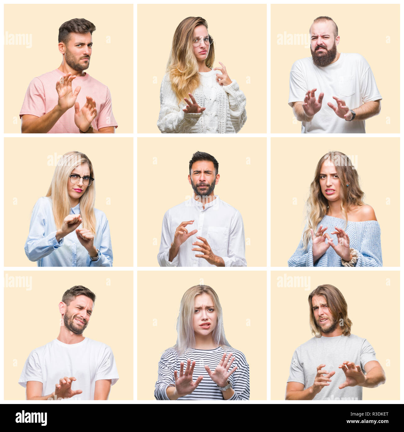 Collage of group people, women and men over colorful yellow isolated ...