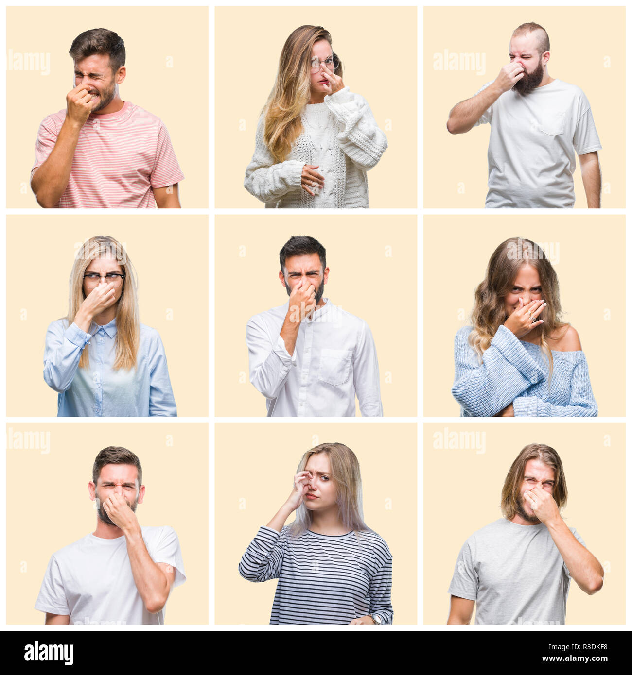 Collage of group people, women and men over colorful yellow isolated ...