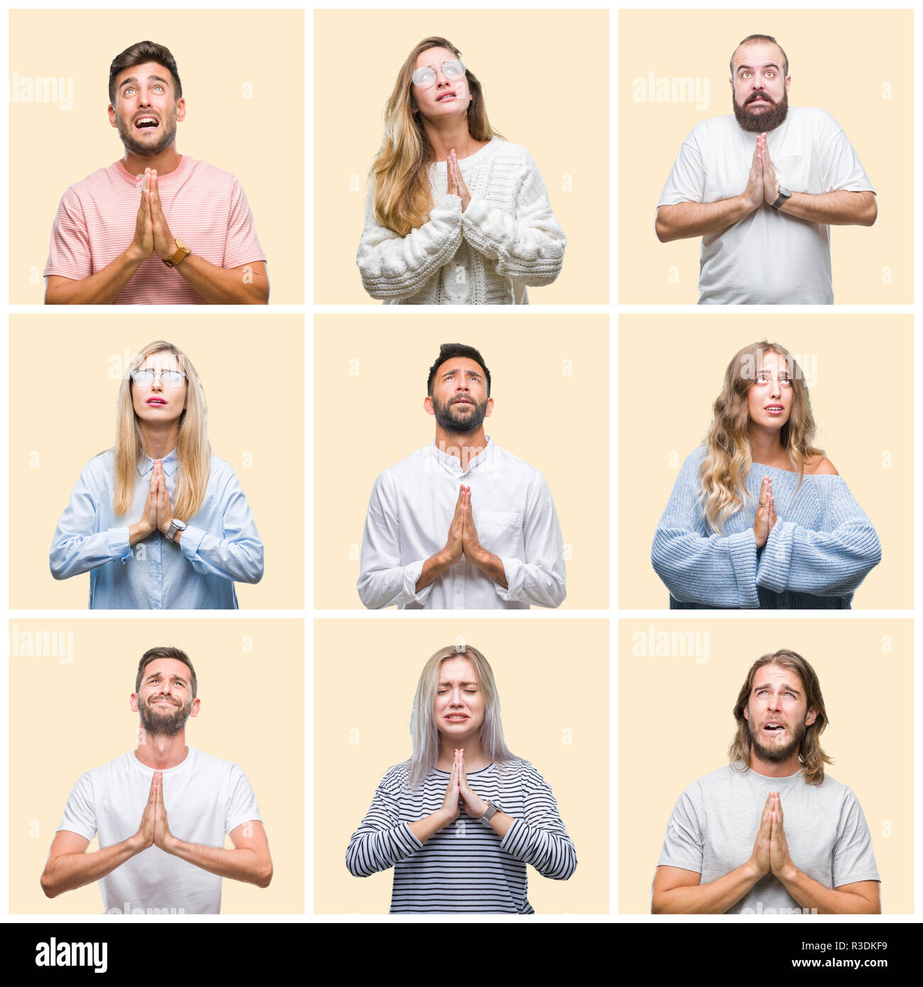 Collage of group people, women and men over colorful yellow isolated ...