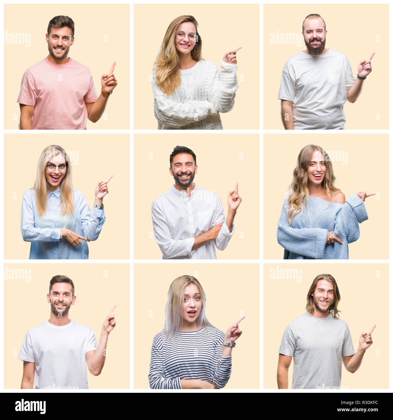 Collage of group people, women and men over colorful yellow isolated ...