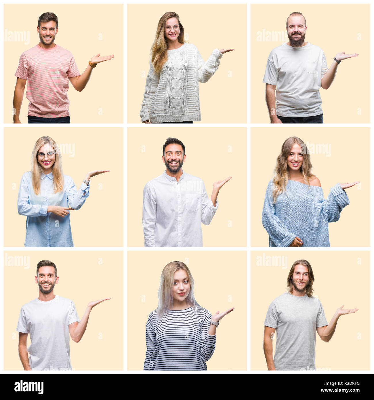 Collage of group people, women and men over colorful yellow isolated ...