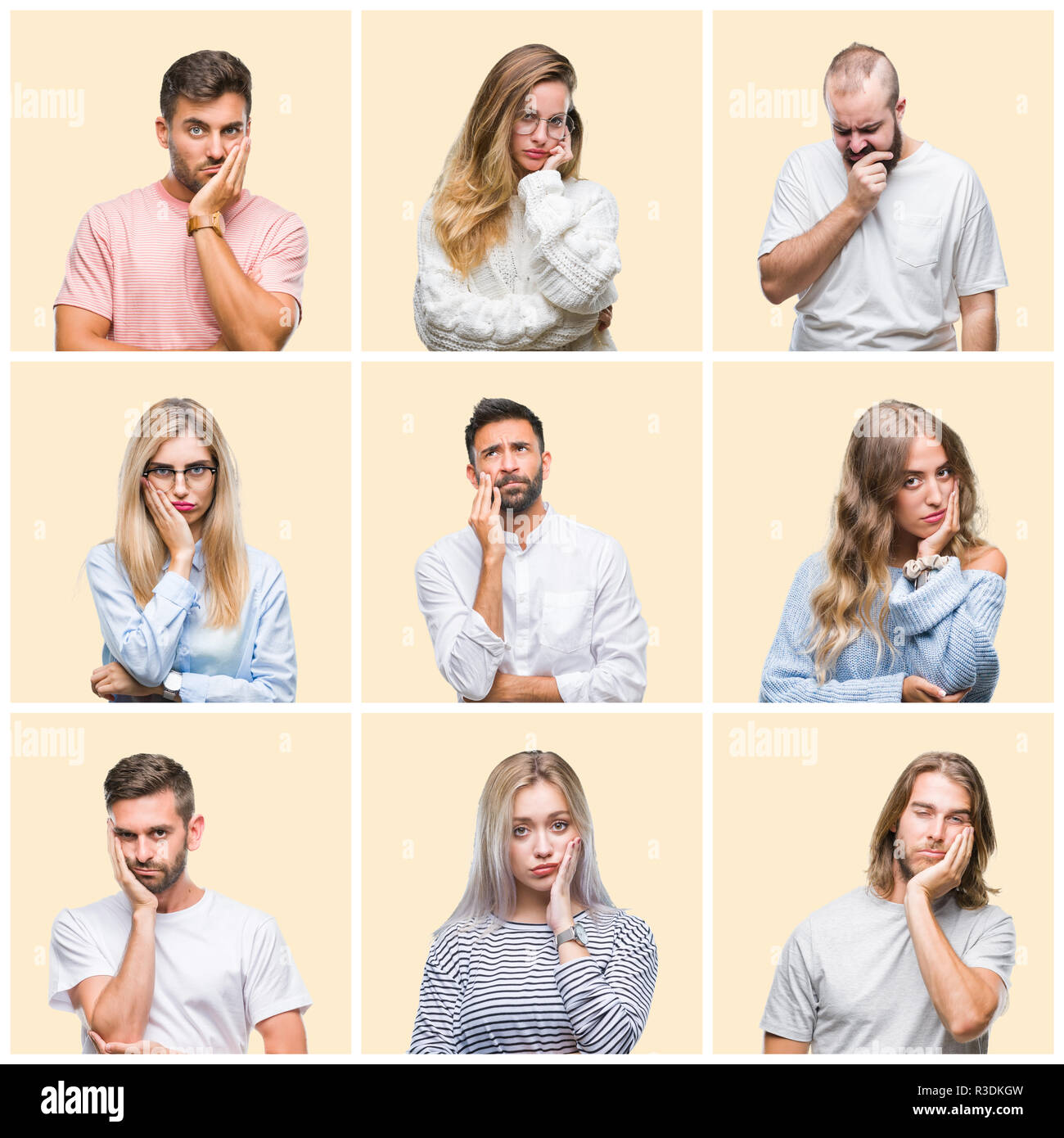 Collage of group people, women and men over colorful yellow isolated ...