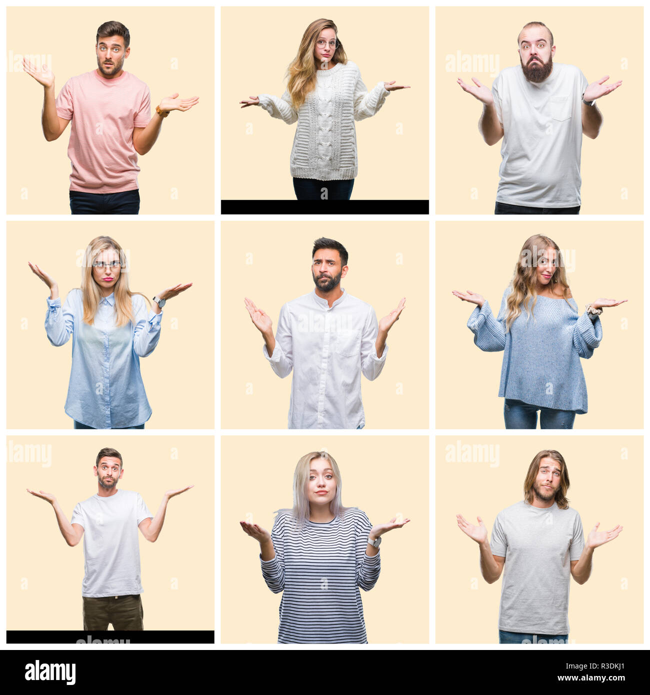 Collage of group people, women and men over colorful yellow isolated ...