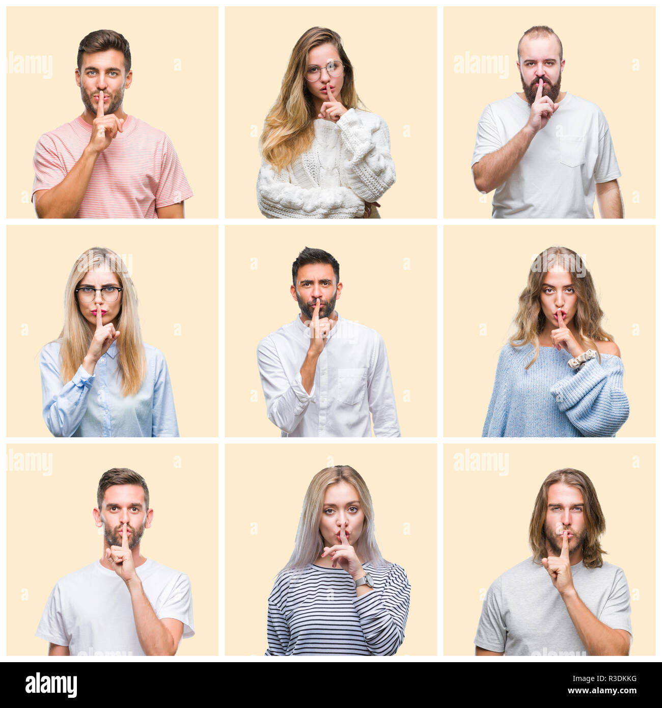 Collage of group people, women and men over colorful yellow isolated ...