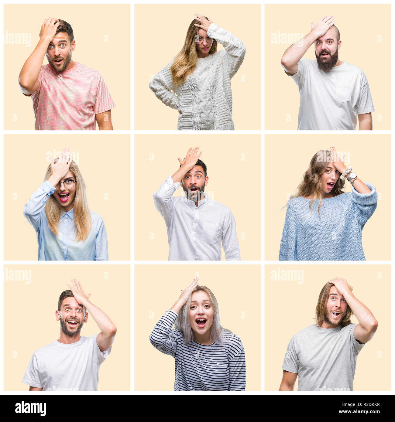 Collage of group people, women and men over colorful yellow isolated ...