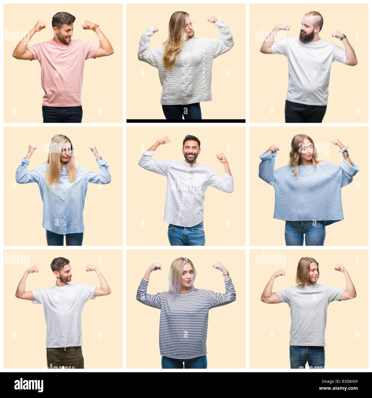 Collage of group people, women and men over colorful yellow isolated ...