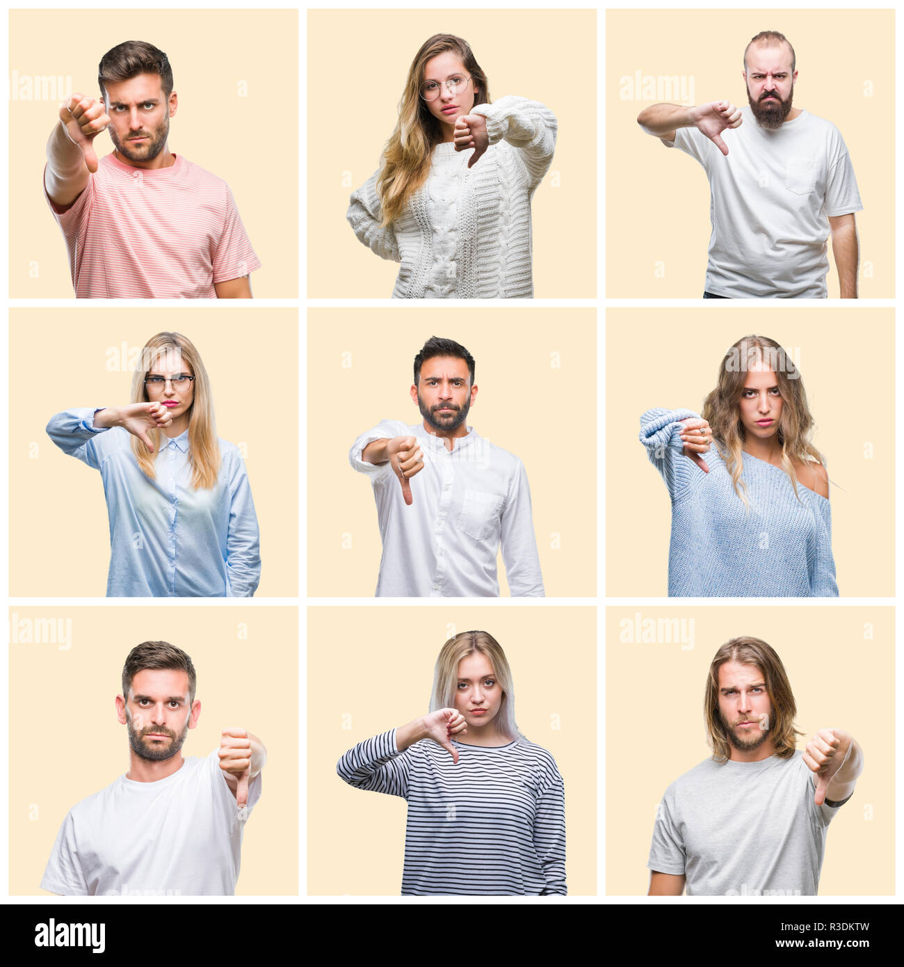 Collage of group people, women and men over colorful yellow isolated ...