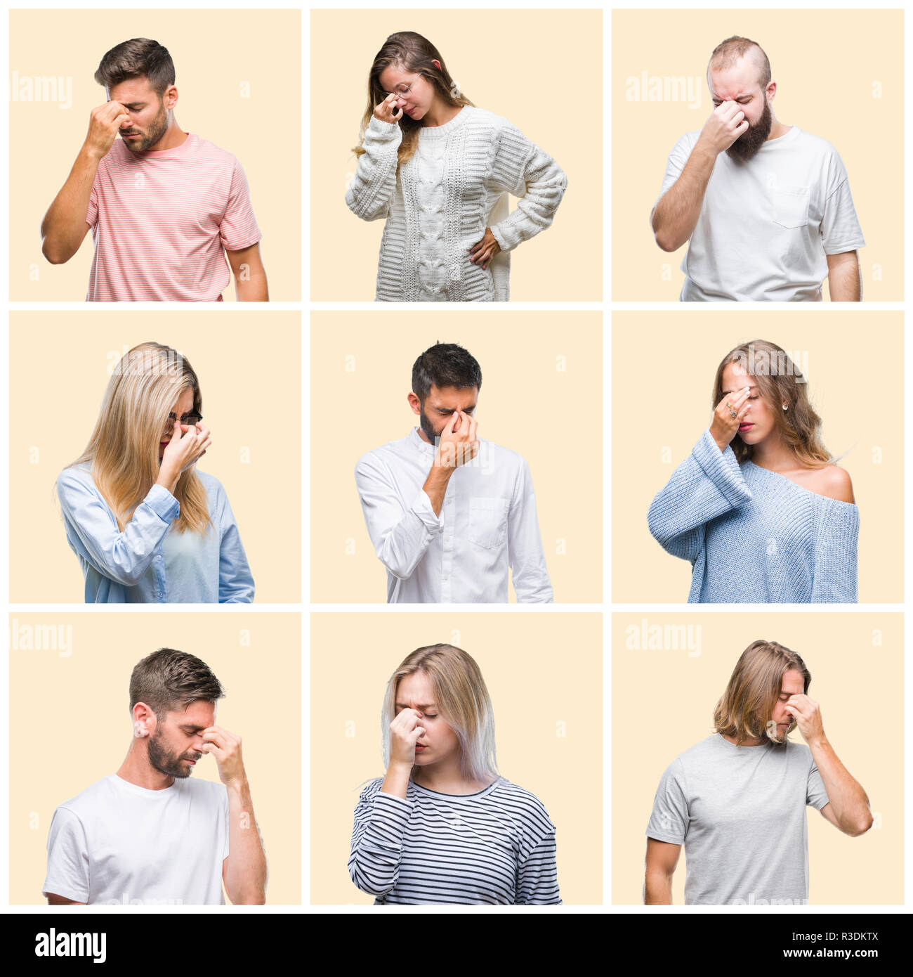 Collage of group people, women and men over colorful yellow isolated ...