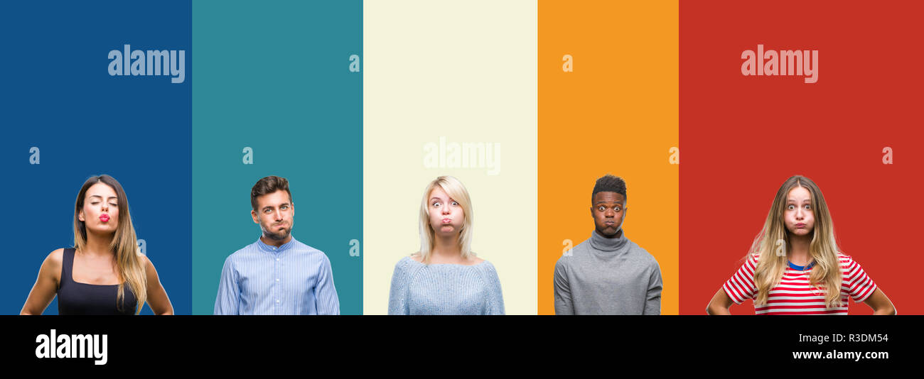 Collage of group of young people over colorful vintage isolated ...